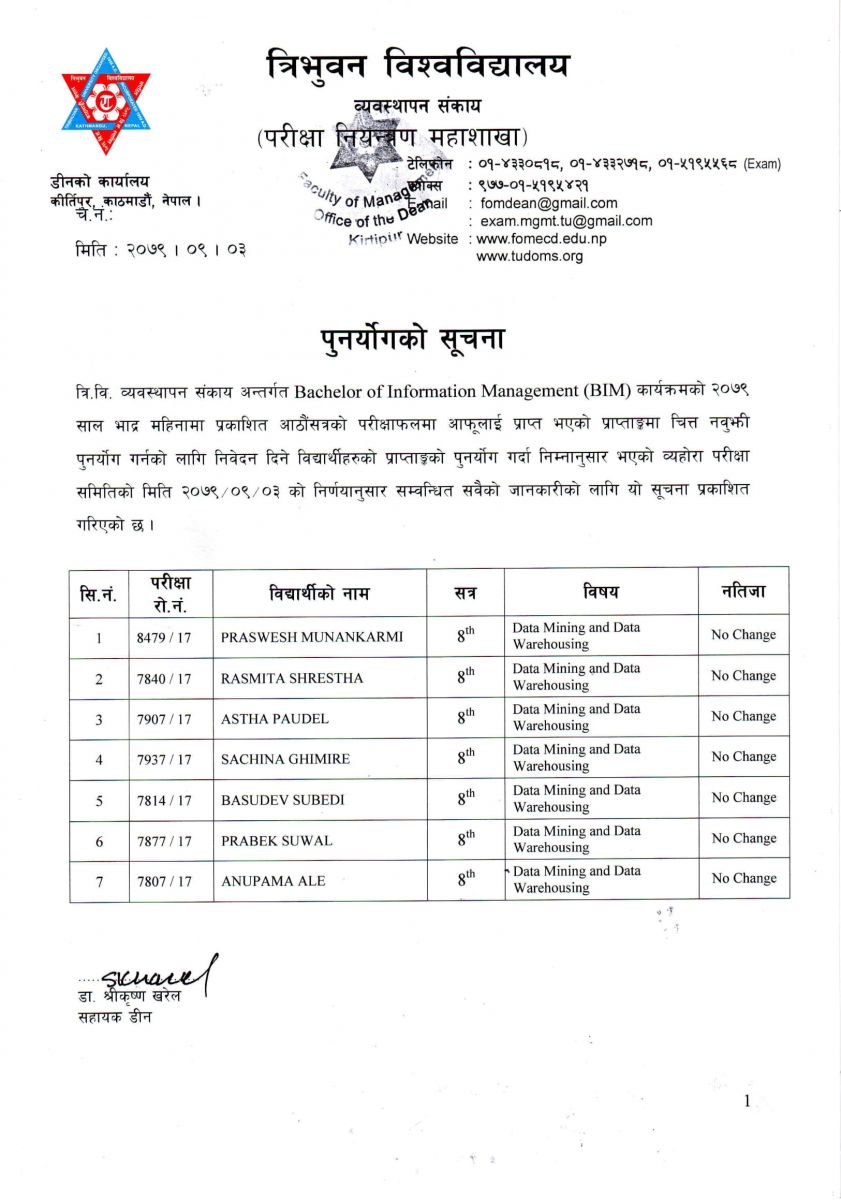 TU published BBA BIM BBM BHM and BTTM re-totaling exam results of ...