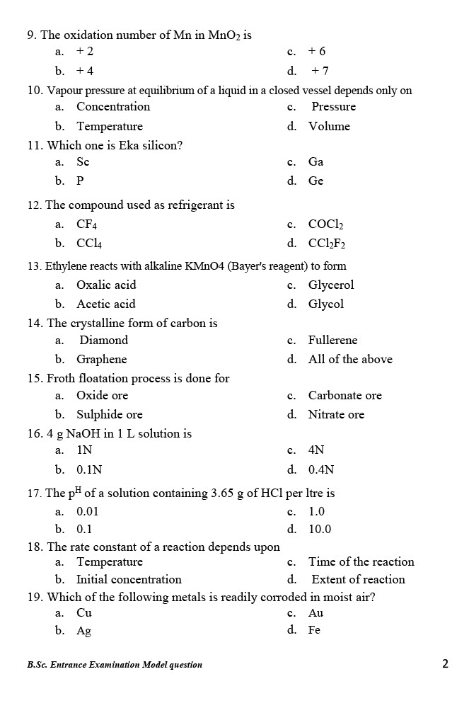 B Sc Entrance Exam Model Question Papers Published By Institute Of