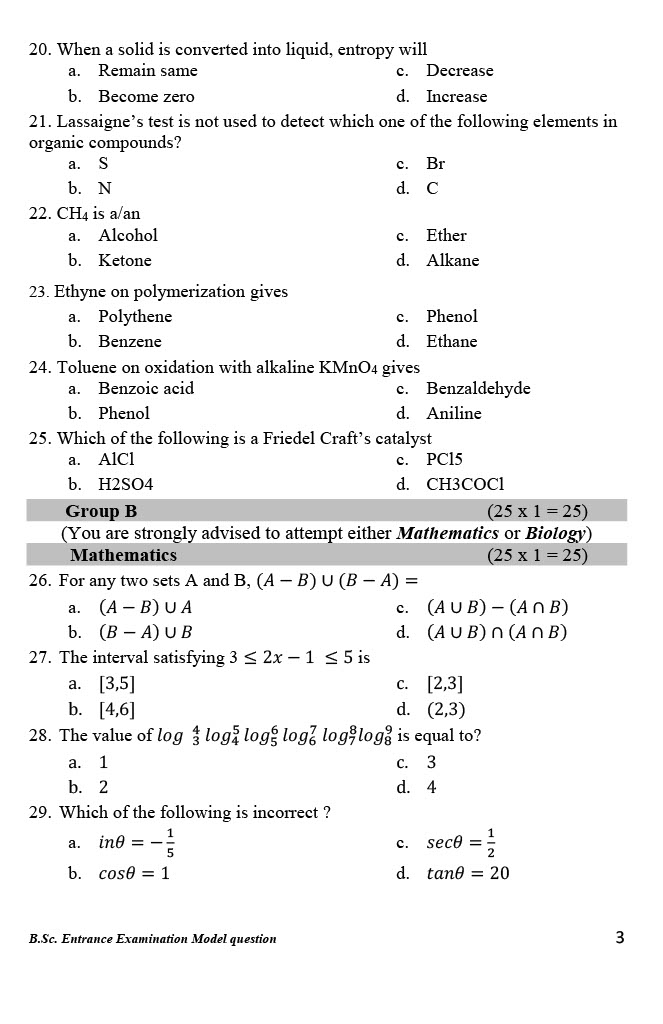 B Sc Entrance Exam Model Question Papers Published By Institute Of B Sc Entrance Exam Model Question Papers Published By Institute Of