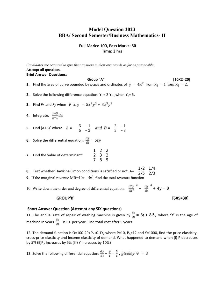 Model questions for mathematics for BBM BBA second semesters 2023 exams ...