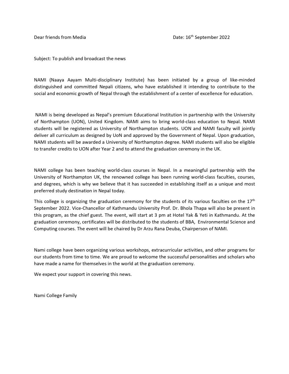 NAMI College organizing the graduation ceremony on September 17 of 2022 ...