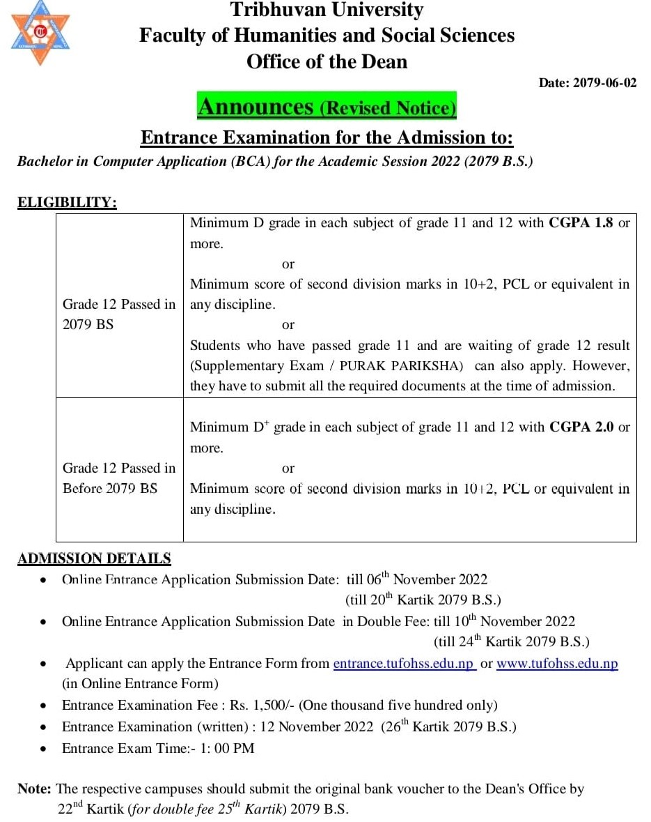 Tribhuvan University published the BCA entrance exam revised notice of 2022